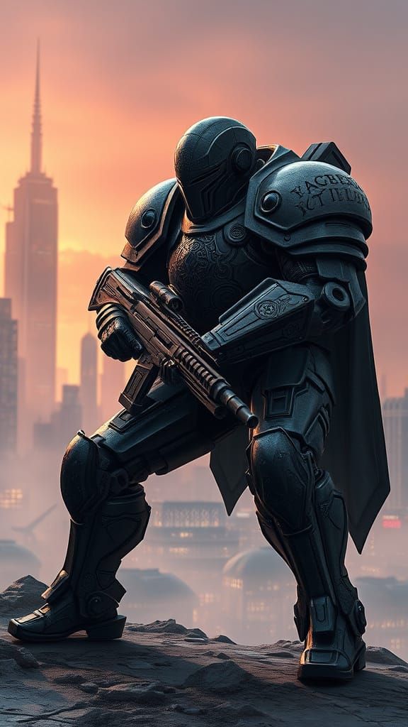 Gritty Futuristic Mech Knight in Stealth Pose - AI Art