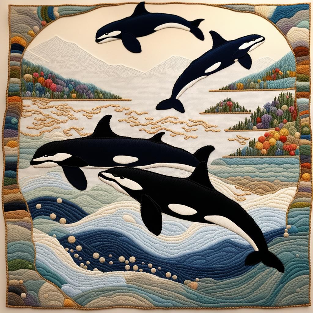 Embroidered intricate orcas, high detailed stitches, needlework ...