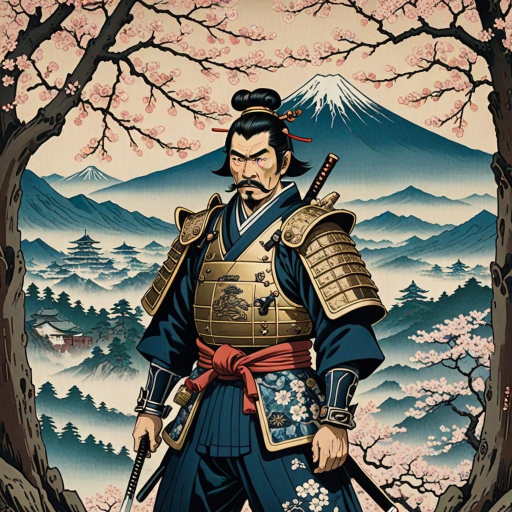 Old English lithograph of a samurai, art style by Utagawa Kunisada,