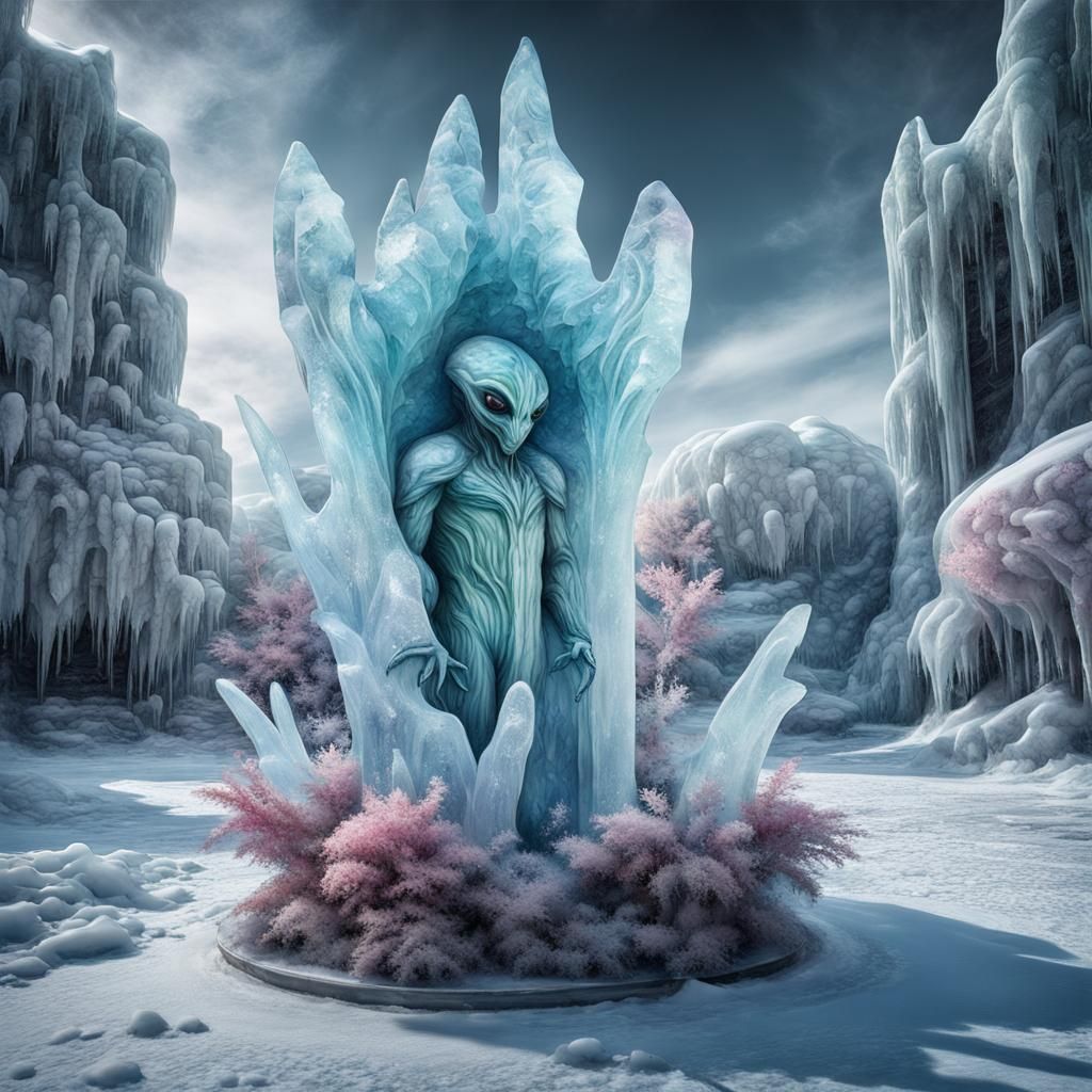 Ice sculptors of frozen alien beautiful flora on an ice planet in space ...