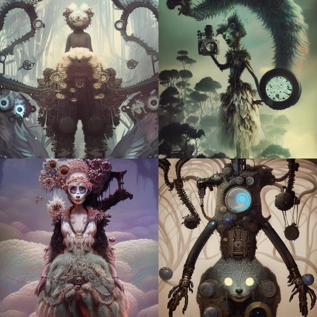 Clockwork, fluffy, humanoid; Futuristic, scary monster, intricately ...
