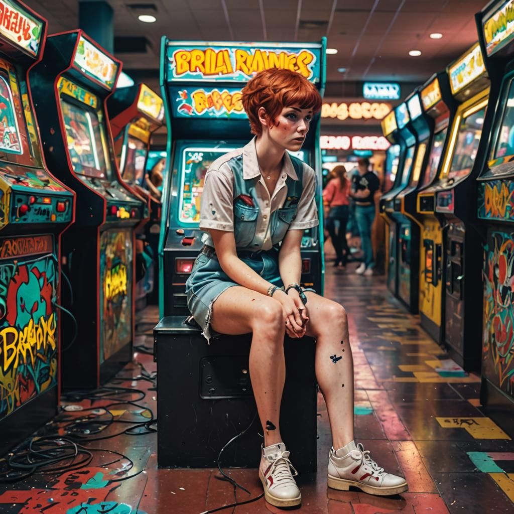 Barefoot redhead girl with a pixie cut being brainwashed in an 80s mall ...