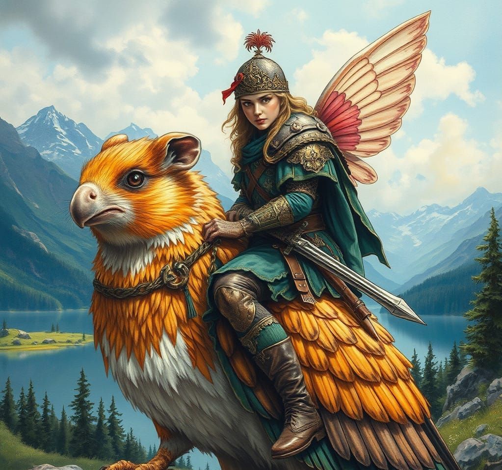 Portrait of a FAIRY WARRIOR dressed for battle, riding upon a giant ...