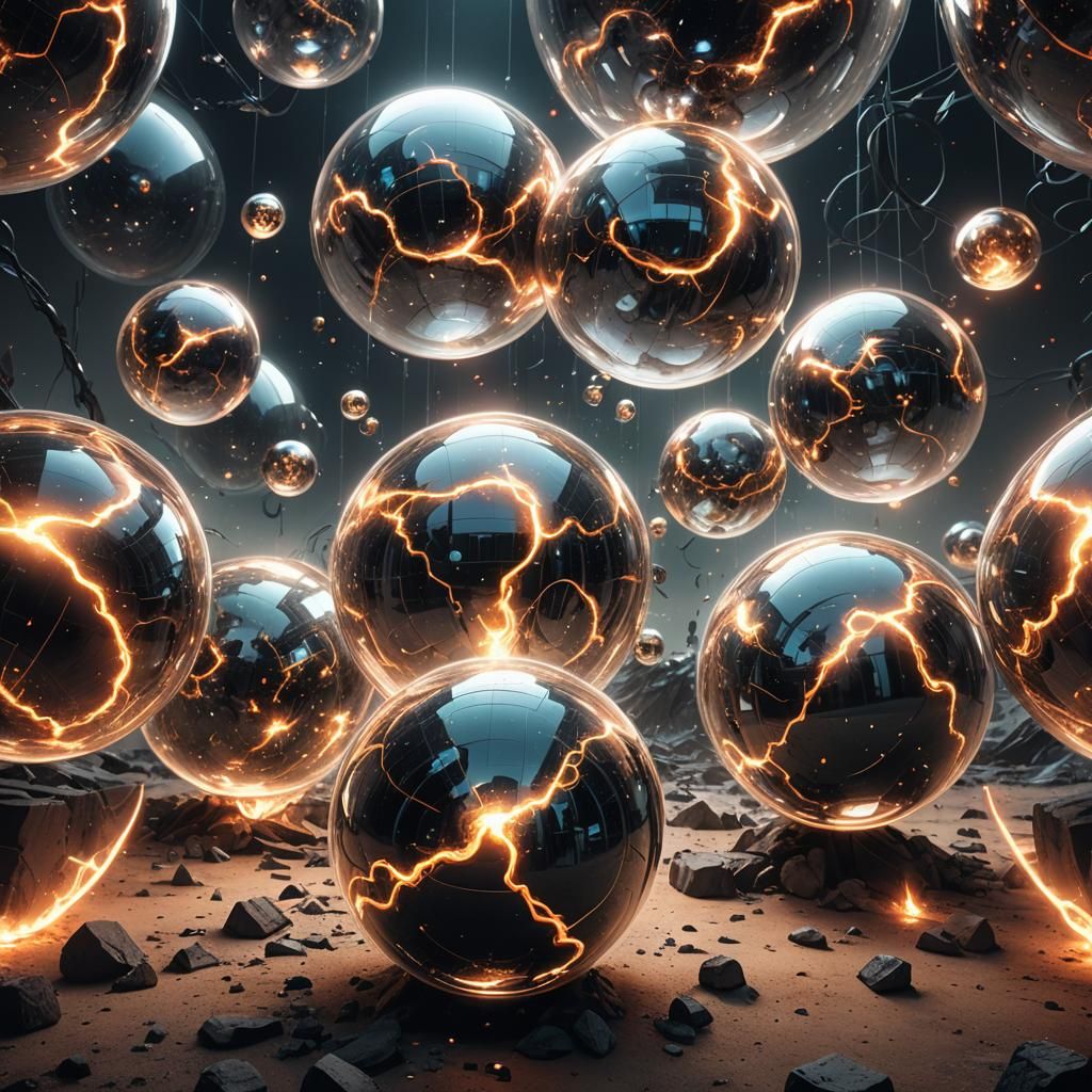 absurdly luminous and dynamically surreal scenery with plasma globes fighting with the ominous ...