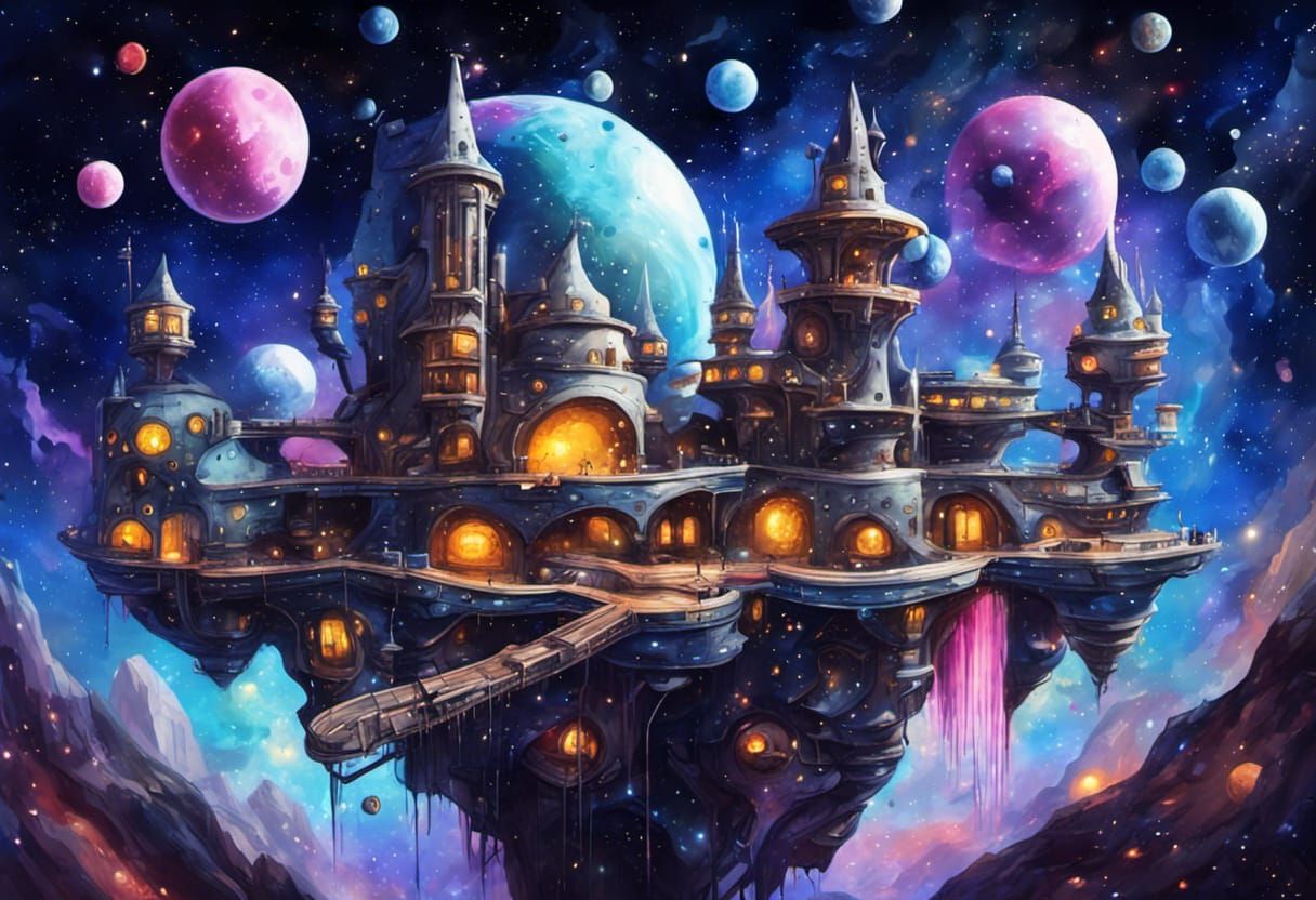 Dnd medieval space city cosmic magic starry sky orbit space station old enchanted spell tech ...