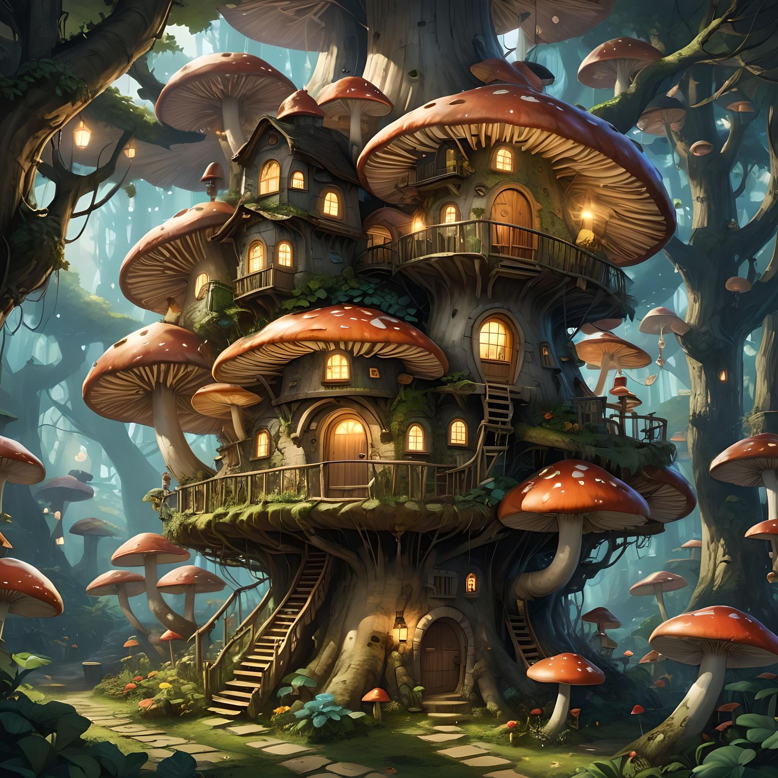 Mushroom Treehouse - AI Generated Artwork - NightCafe Creator