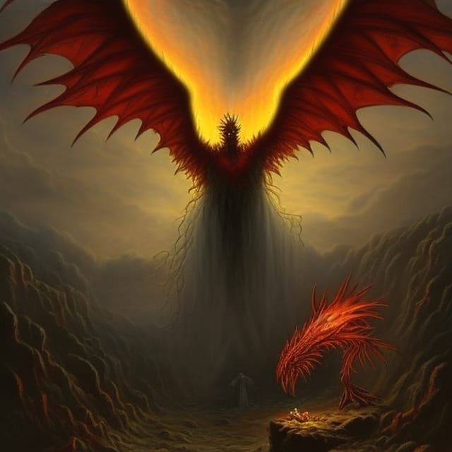 man-like creature eating the glowing heart of a living phoenix horror ...