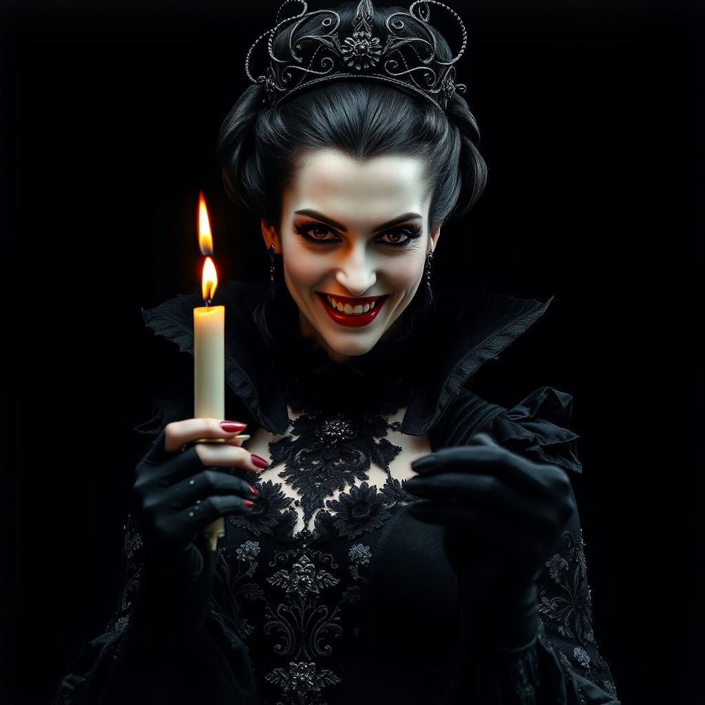 Gothic Vampire Queen with Twisted Crown and Candle - AI Art