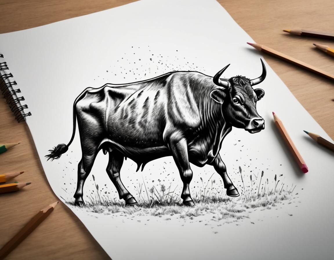 a doodle of a cow stick figure fighting off the pencil that is drawing ...