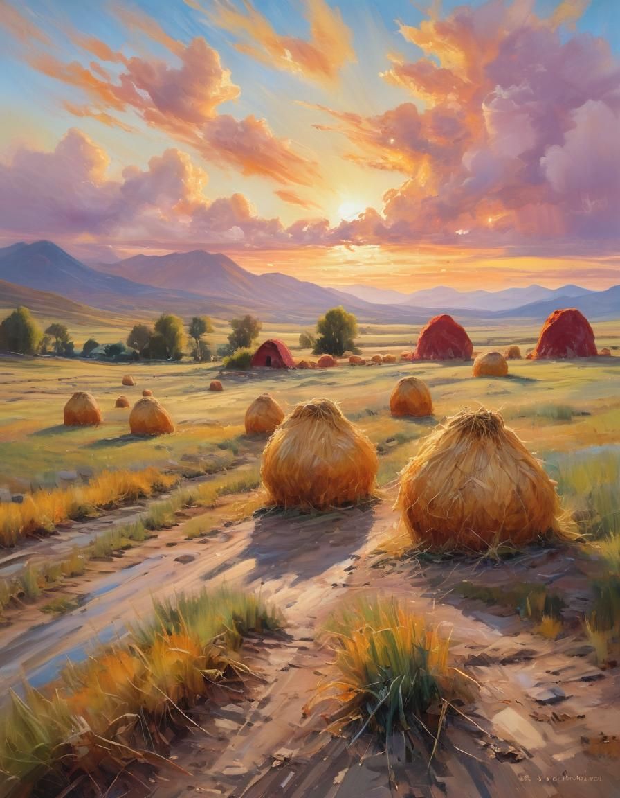 portray a rural landscape with haystacks. Use vibrant, contrasting colors to depict the scene ...