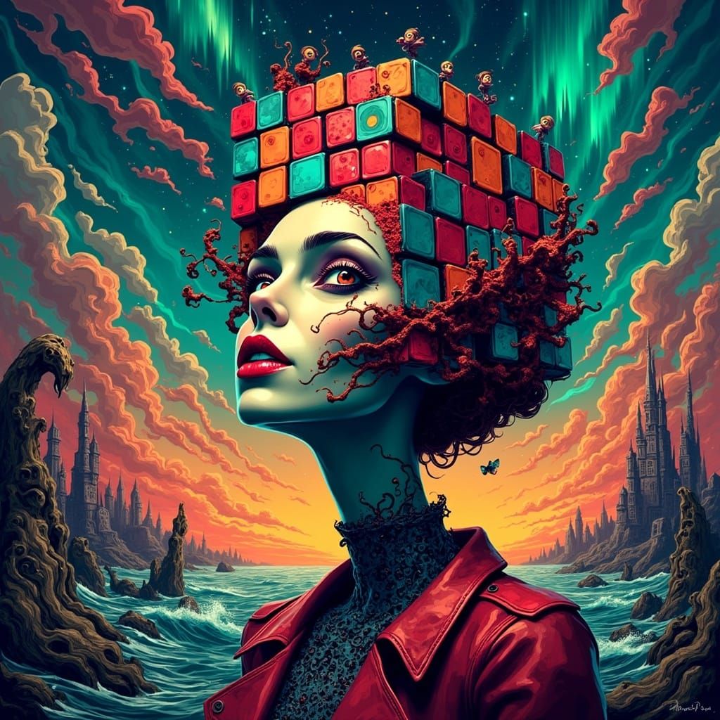 Rubik's Cube head. surrealism analogous colors Tim Burton Dan Mumford ...