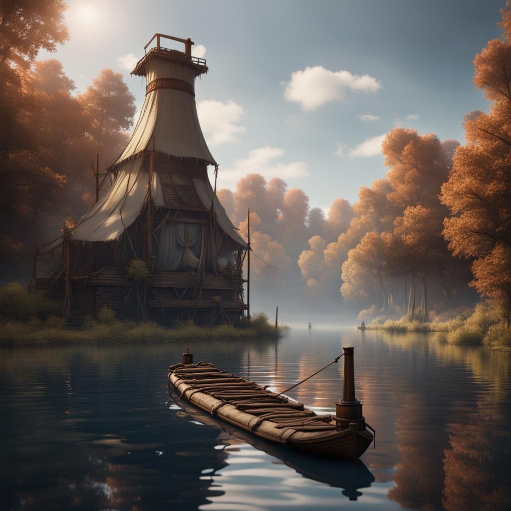 a wood raft with a cloth tent with a smokestack floating down a ...