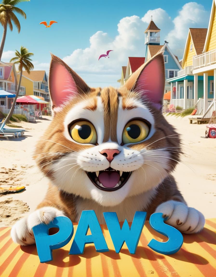 Paws, featuring a giant mischievous cat with ecstatic face looming over ...