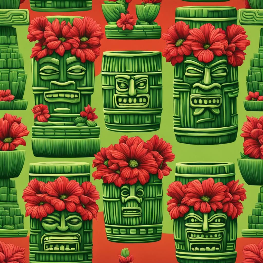 A happy Tiki drink mug. Red flowers. Green colored and styled in ...