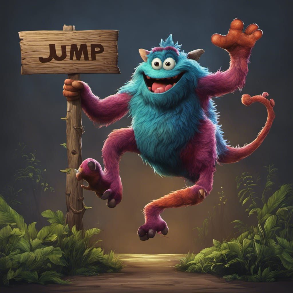 Jolly jumping monster holding a wooden sign what says “JUMP” - AI Generated Artwork - NightCafe ...