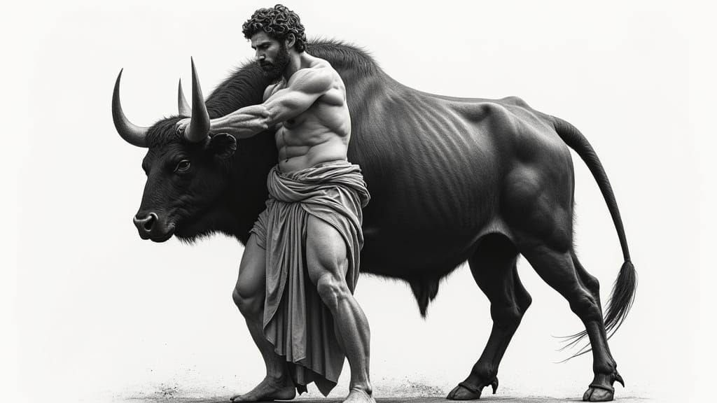 Ancient Greek Hero Milo of Croton in Charcoal Real... - AI Art