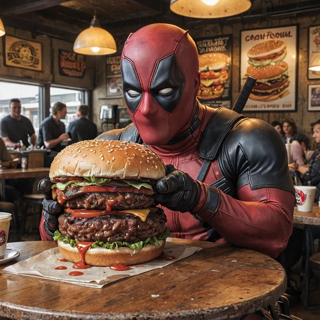 Deadpool is eating a ridiculously enormous burger in rusty cafe - AI ...