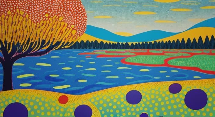 Yayoi Kusama style. Medium shot. A serene river landscape with trees ...