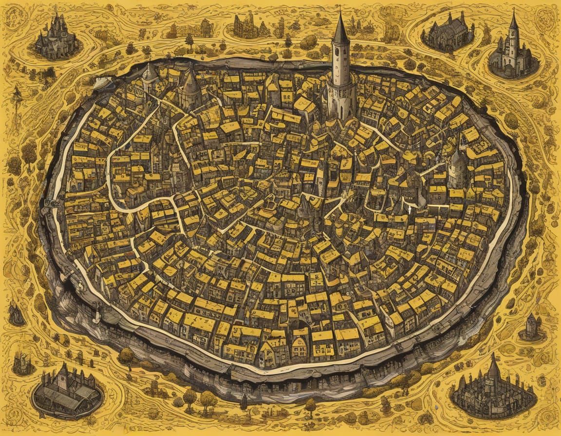 Medieval Townscape in Vibrant Yellow and Black - AI Art