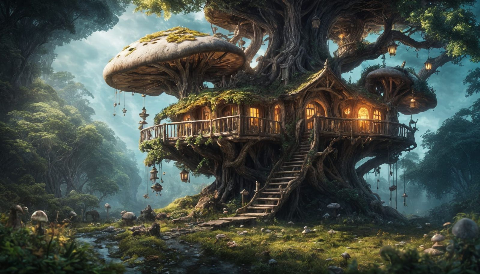 a strange mushroomy treehouse - Enchanted Mushroom Treehouse...
