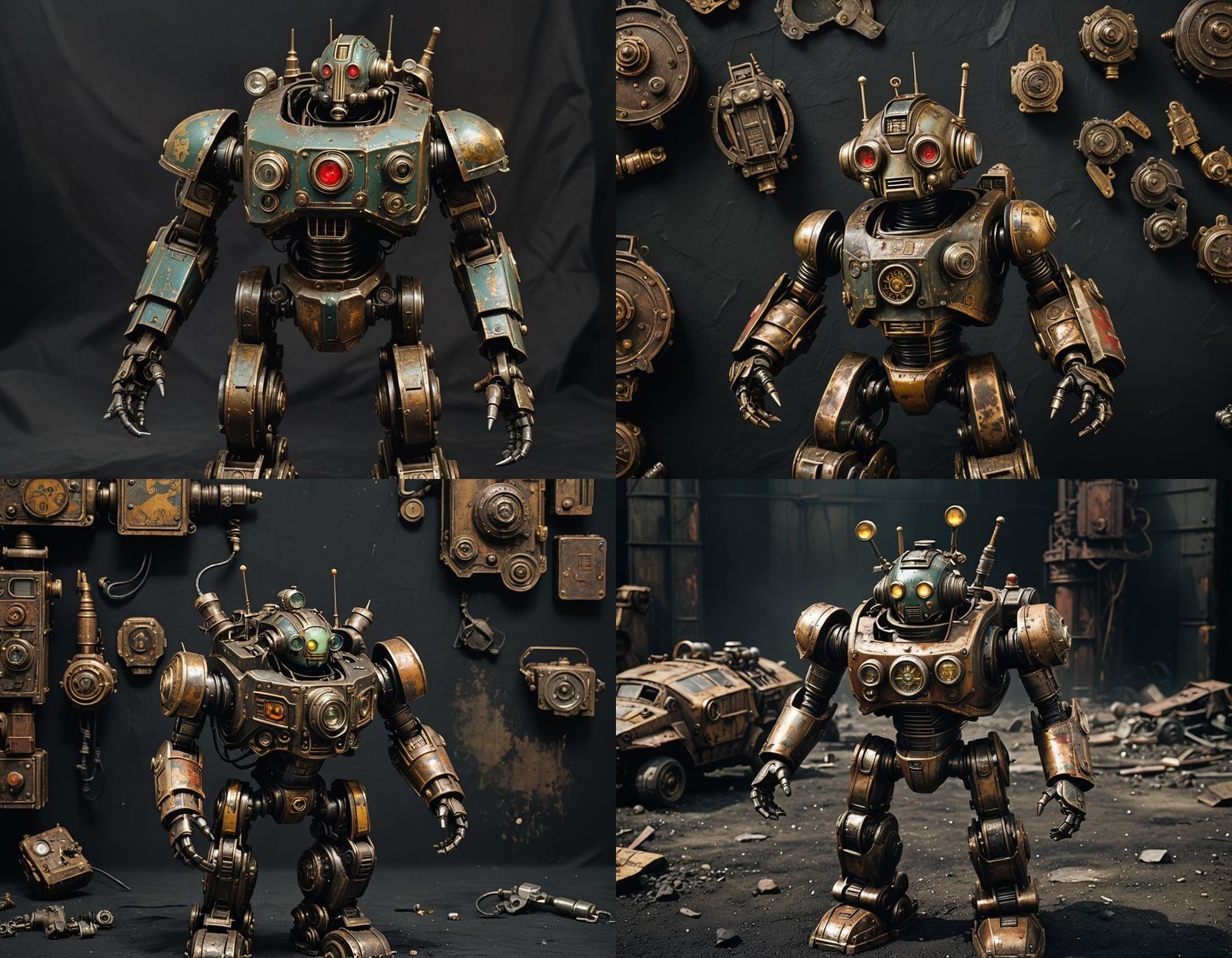 a close up of a toy robot on a black background, bioshock concept art ...