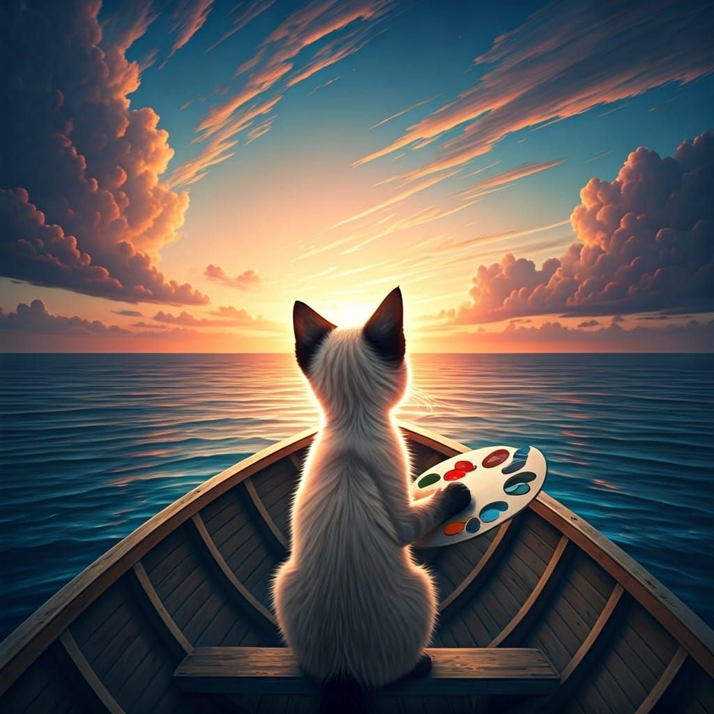 Siamese Kitten Paints Masterpiece at Sunset on the... - AI Art