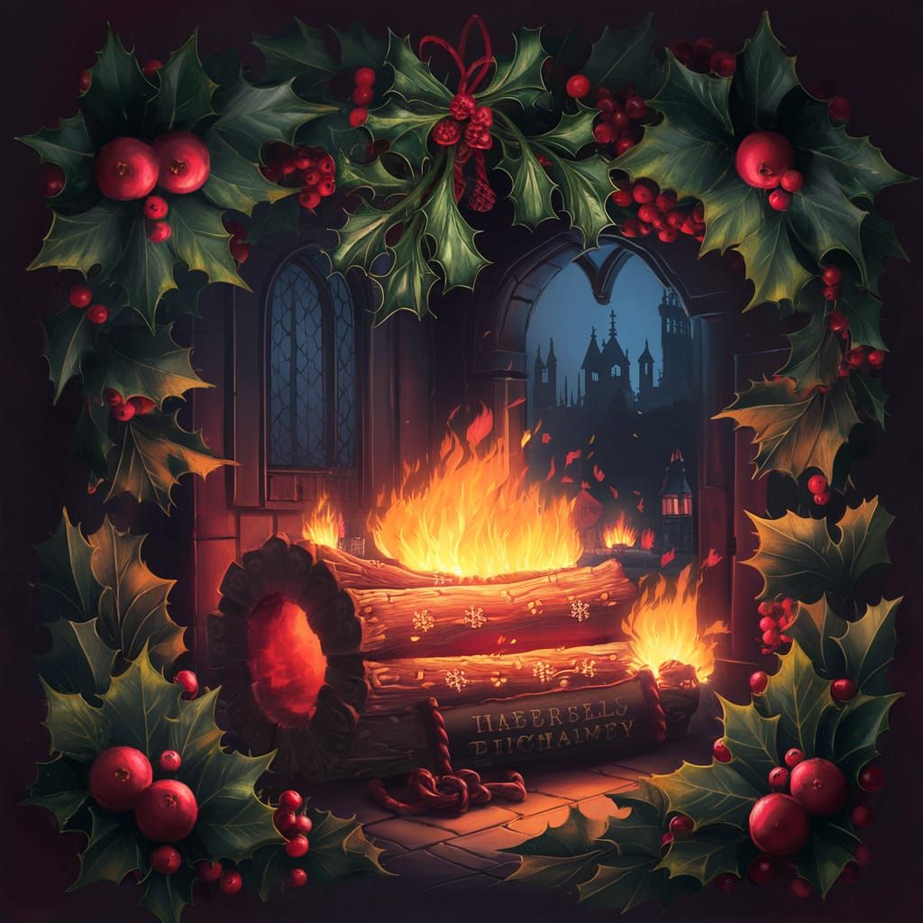 Gothic Winter Wonderland with Yule Log and Holly - AI Art