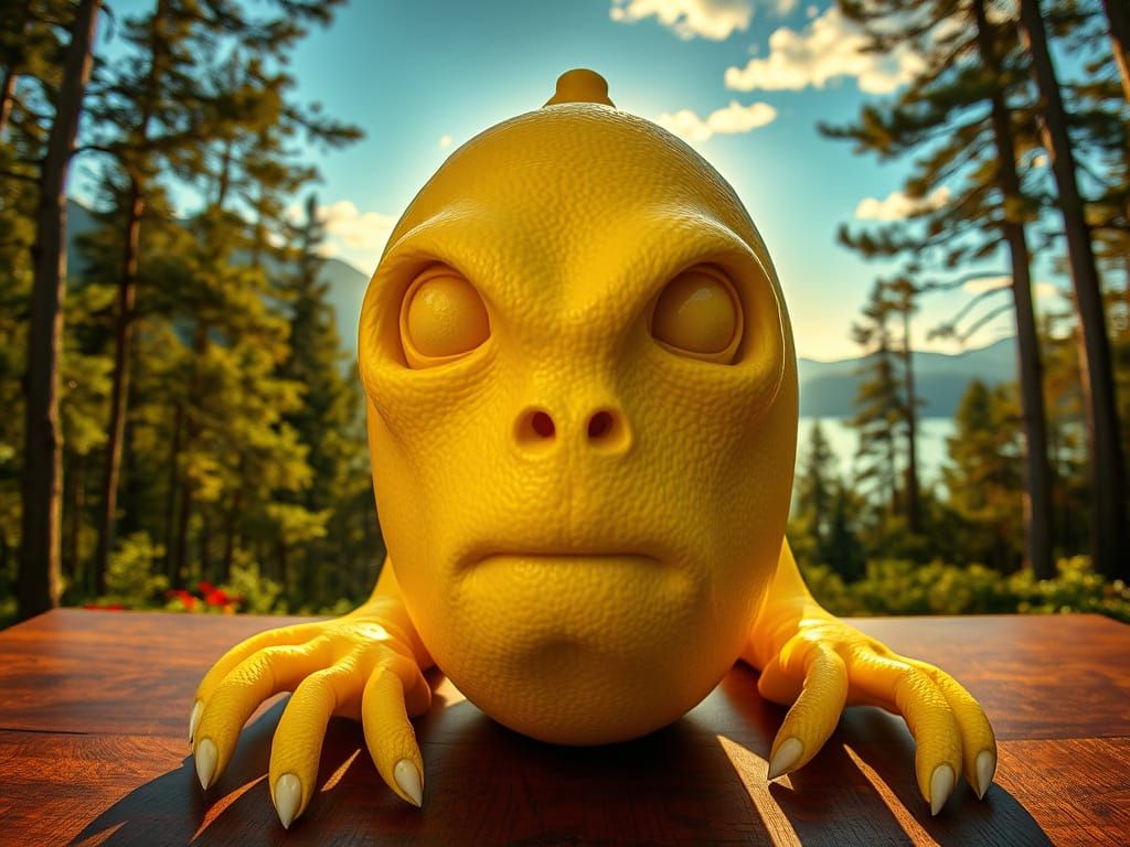 Surreal Lemon Sculpture with Human Face in Forest ... - AI Art