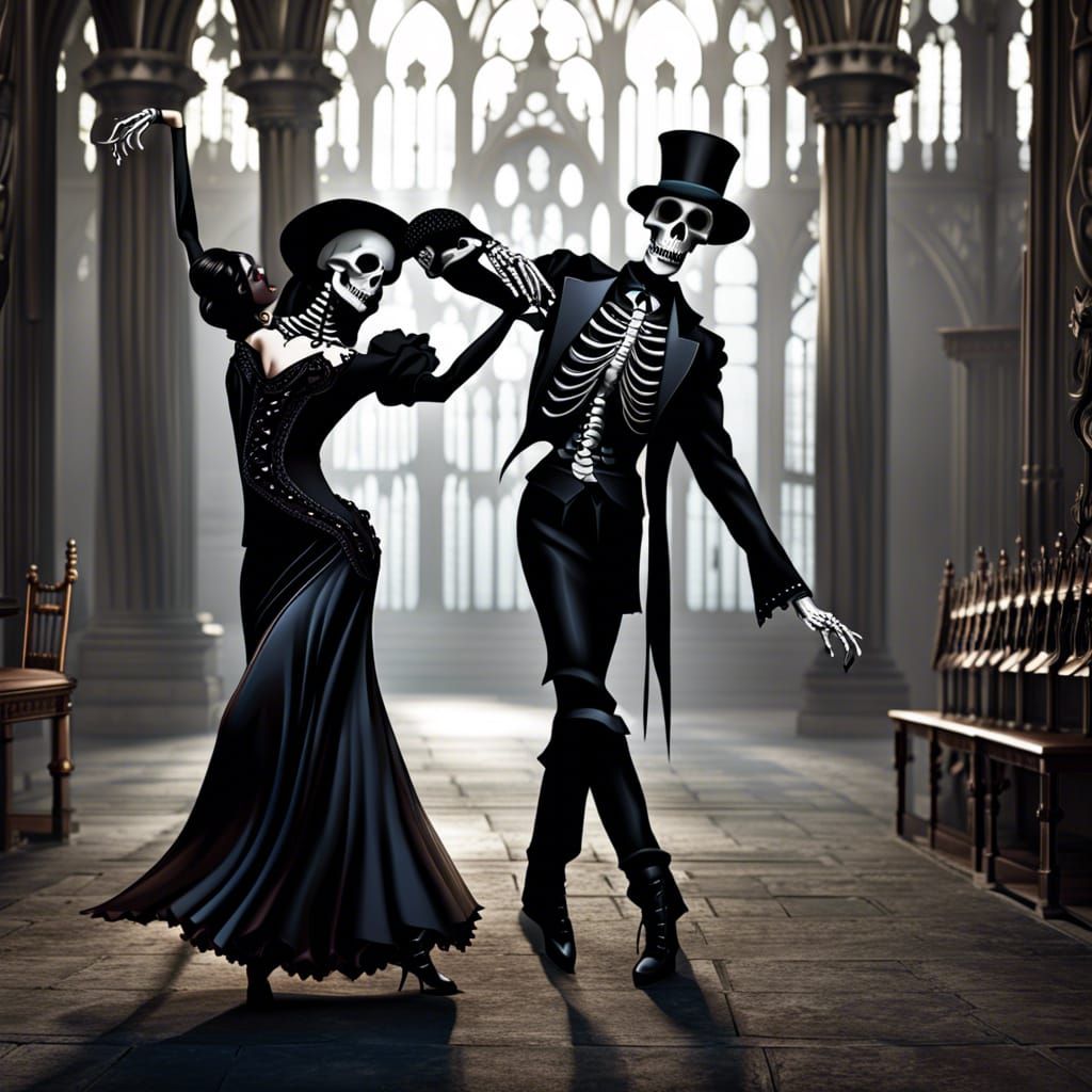 A beautiful gothic skeleton couple dancing tango, gothic background ...