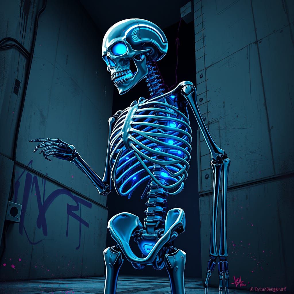 Dramatic Cyberpunk Skeleton in Neon-Lit Urban Land... - AI Art