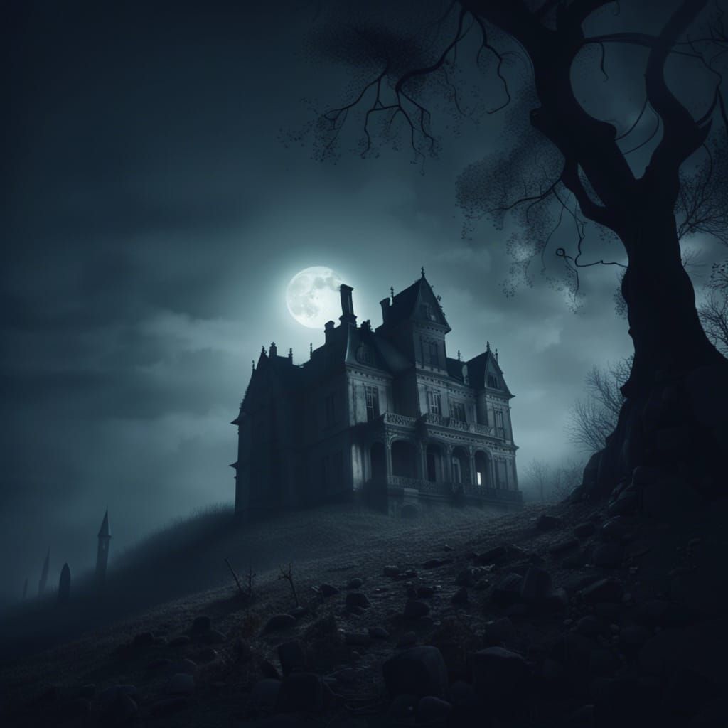 A haunting gothic horror scene of an abandoned mansion on a hill, with ...