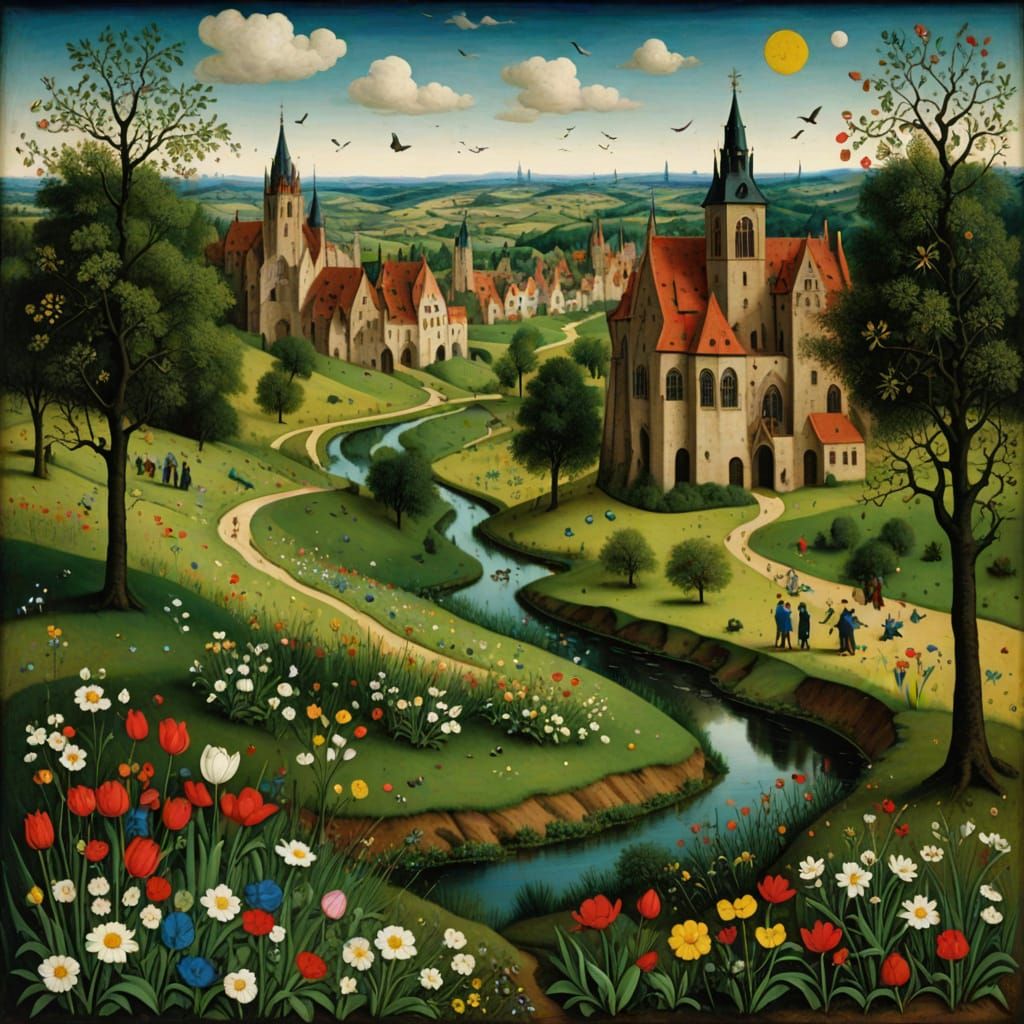 Medieval Spring Landscape in Vibrant Colors - AI Art