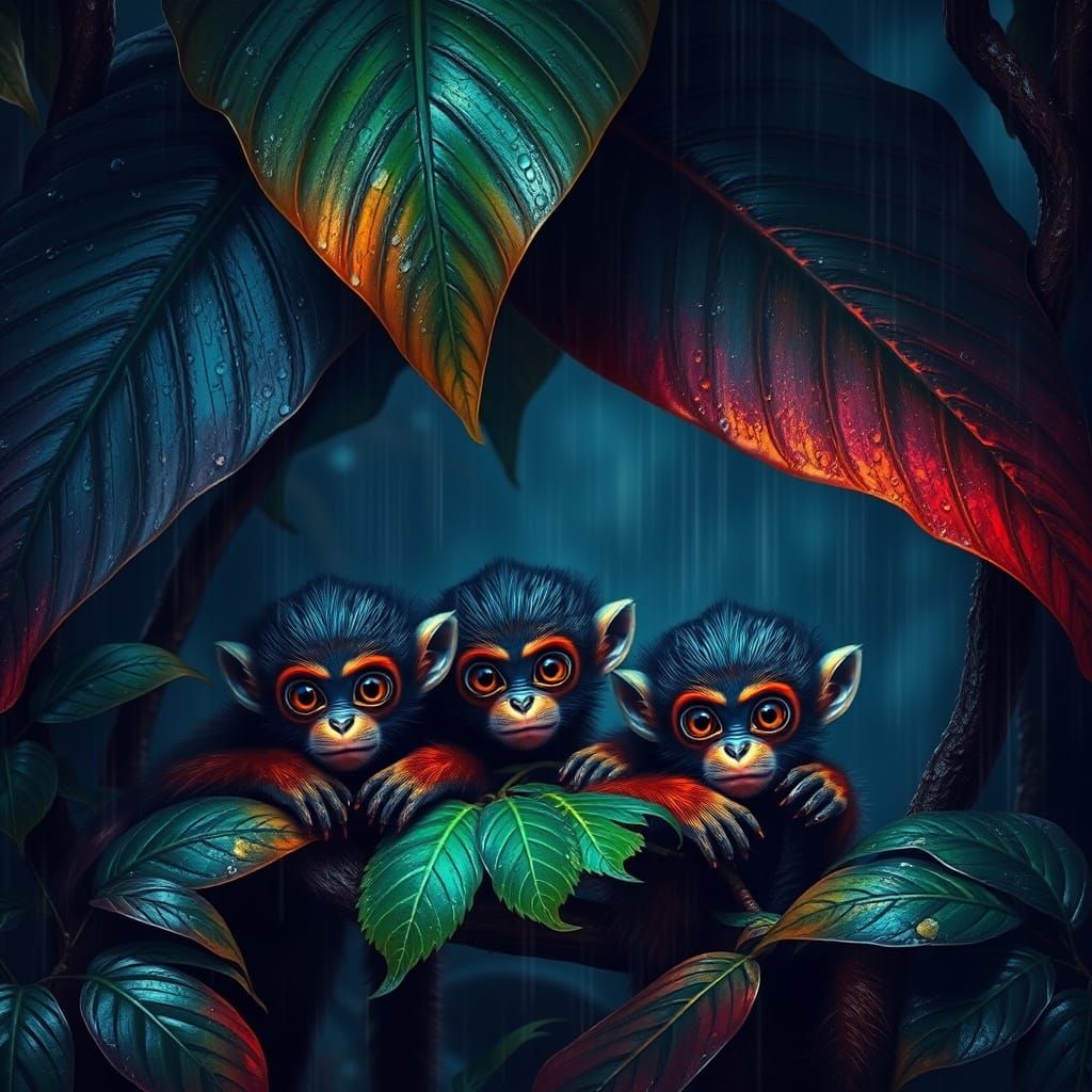 Mini Monkeys Hiding Under Wet Leaves in the Rain, ... - AI Art