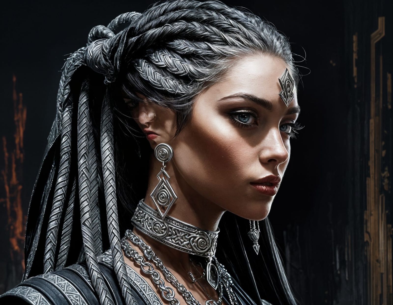 This image is a stylized representation of a powerful female assassin ...