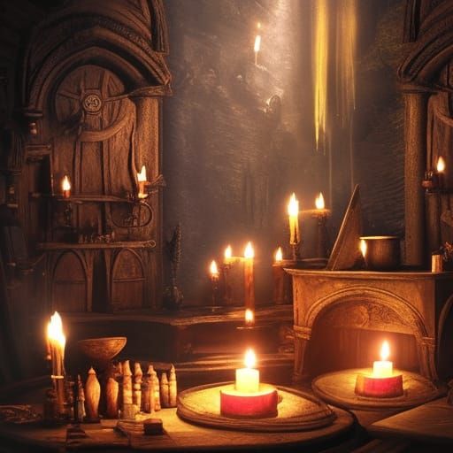 Witches Den with cauldron and Book of shadows and crystals and candles ...
