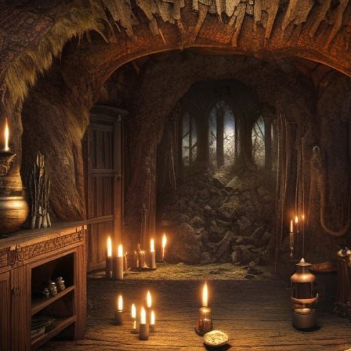 Witches Den with cauldron and Book of shadows and crystals and candles ...