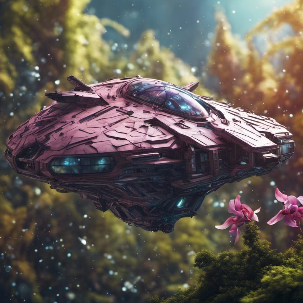 organic overgrown low poly spaceship, a spaceship made of trees ...