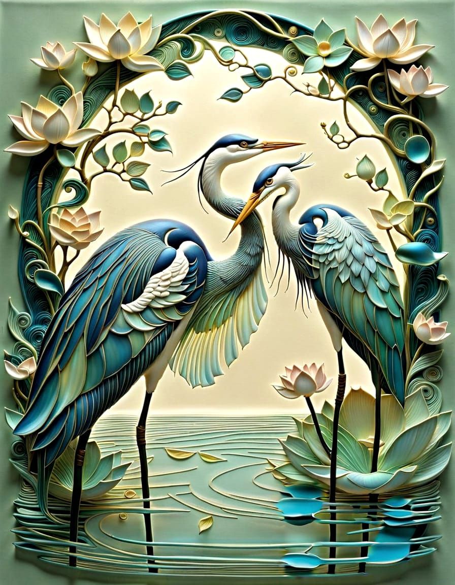 Herons and Lotuses in 3D Clay Bas-Relief Style