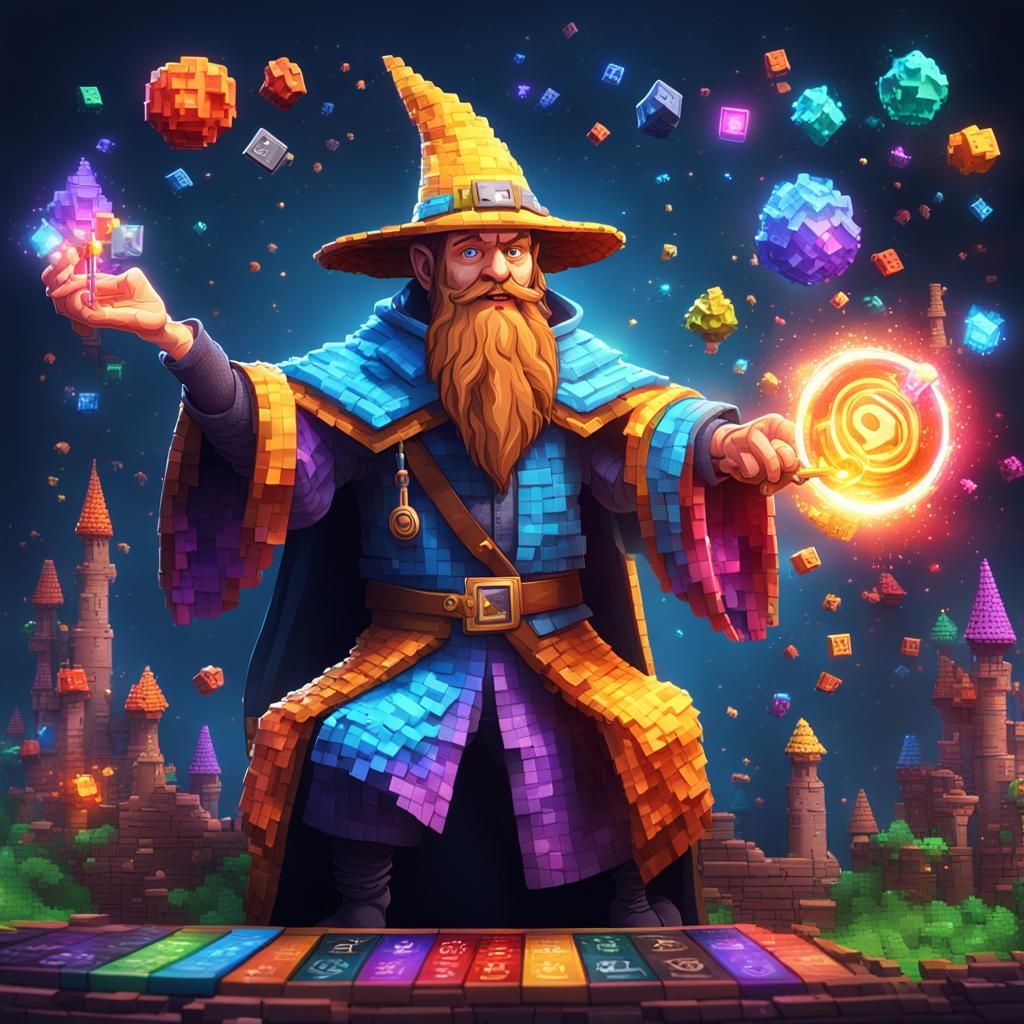 a pixelated wizard holding a magic wand and clicking a giant, colorful button labeled "One-Click ...