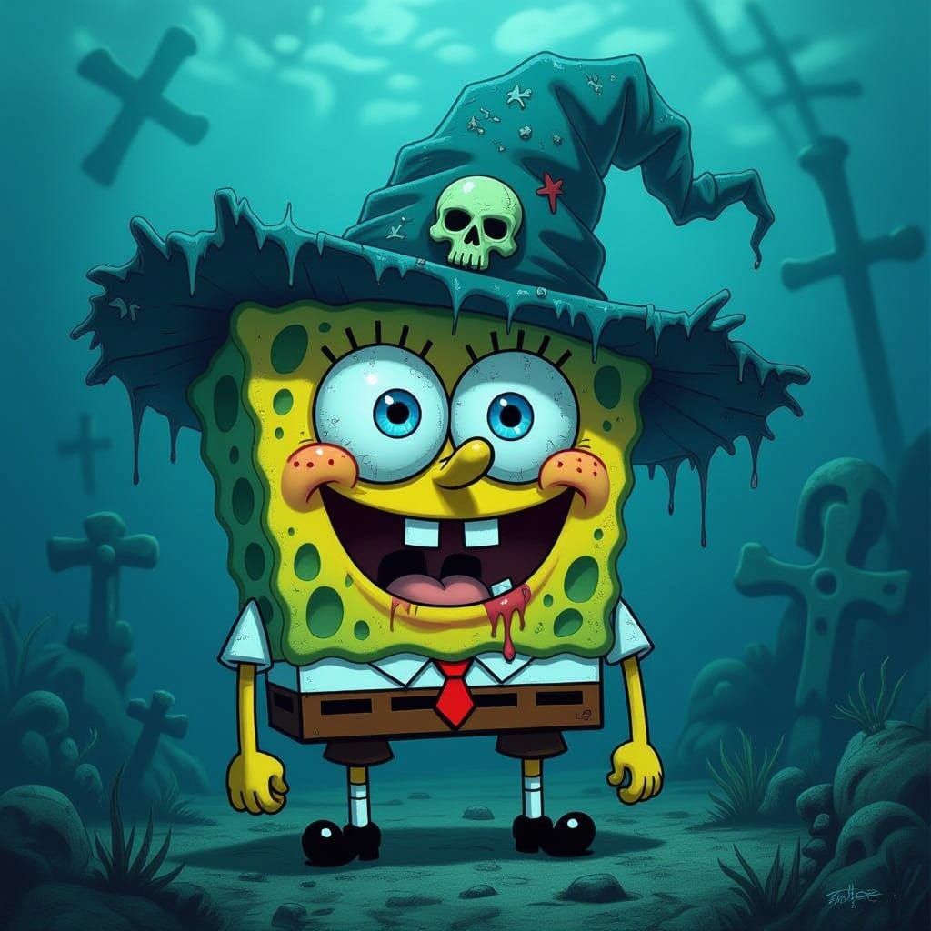 Distorted SpongeBob in a Dark, Eerie Underwater Sc... - AI Art