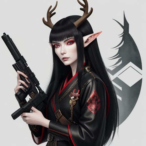 Portrait of a elf woman with long pointed elf ears deer antlers and red ...