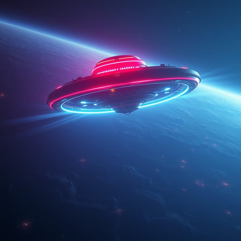 Neon lights on a UFO in orbit - Glowing UFO in Orbit, Epic D...