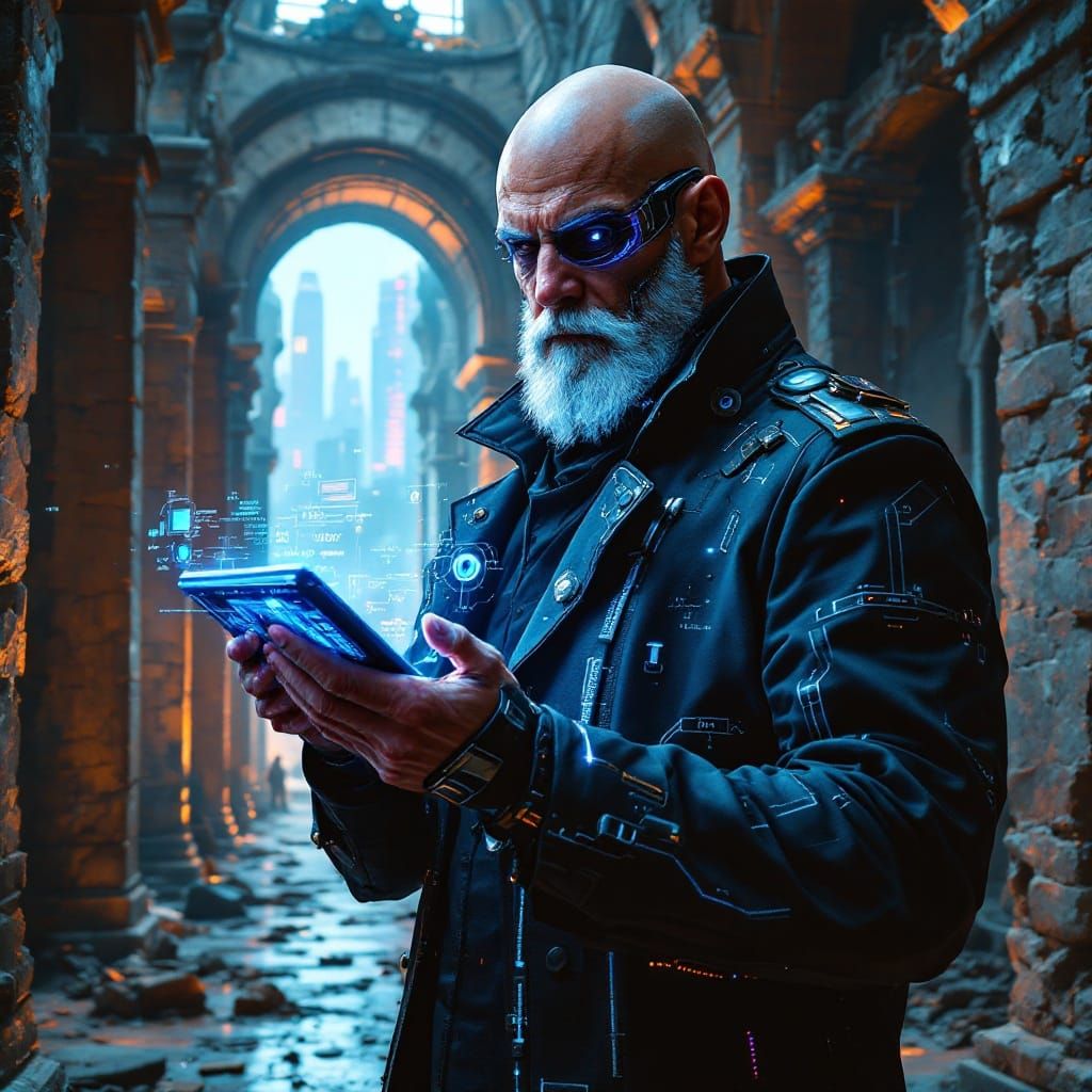 Cyberpunk Professor in Futuristic Ruins - AI Art