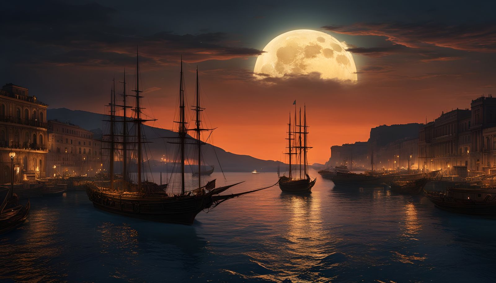 19th century moonlight in the bay of Naples, calm, quiet night. The ...