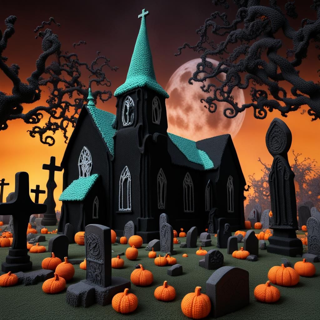 Whimsical enchanted spooky Halloween Black Church graveyard, Vintage ...