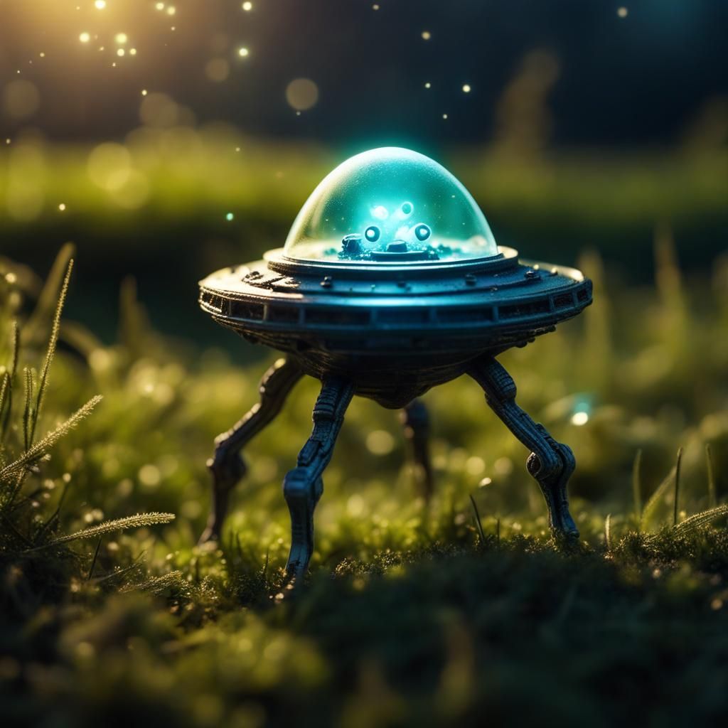 Photograph, Macro, miniature glowing alien spaceship with alien in it ...