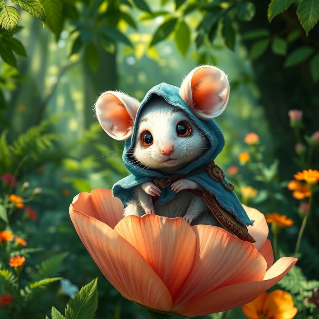 Mouse on an Orange Flower - Whimsical Mouse on an Orange Flo...