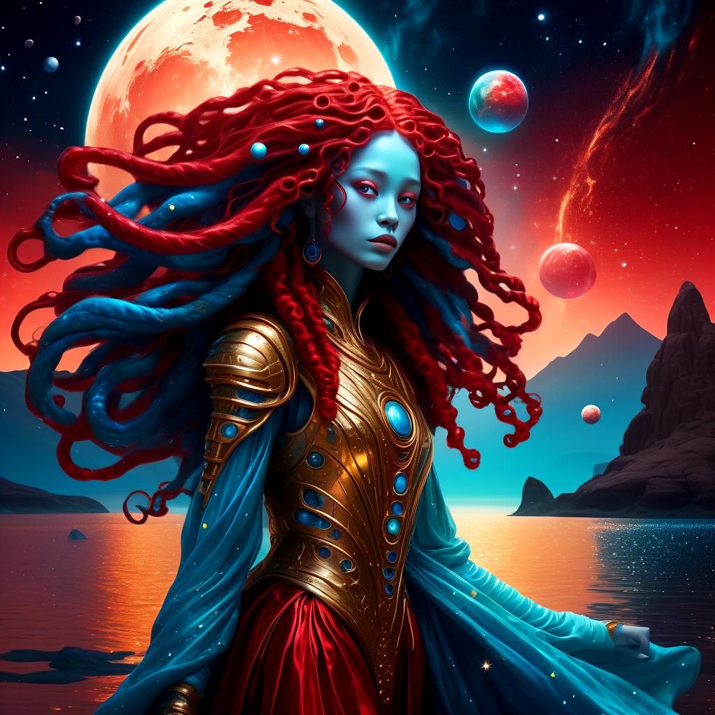 Alien princess blueskinned with crimson red long ringlets hair, in ...