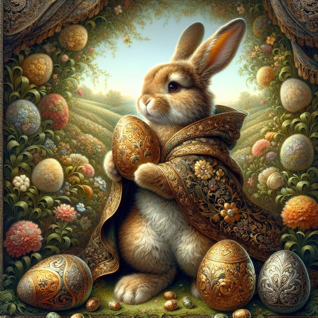 Happy Easter! - Cuddly Easter Bunny Surrounded by Spring Flo...