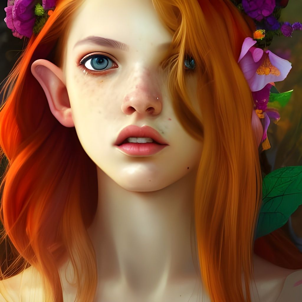 elf girl, freckles, big doe eyes, full lips, fiery locks of long hair ...